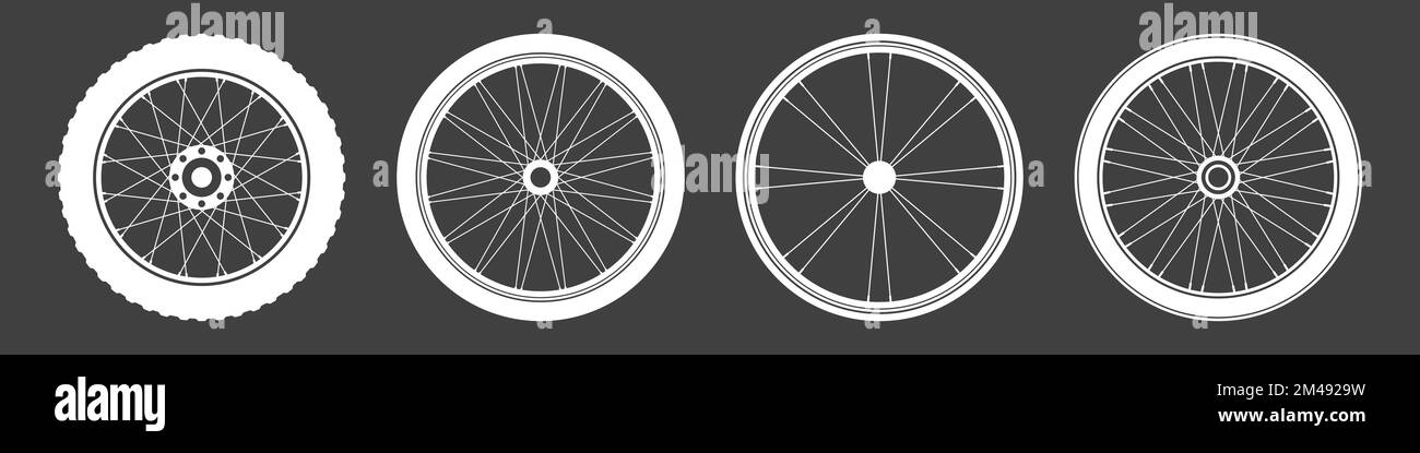 Black bicycle wheel symbols collection. Bike rubber tyre silhouettes ...