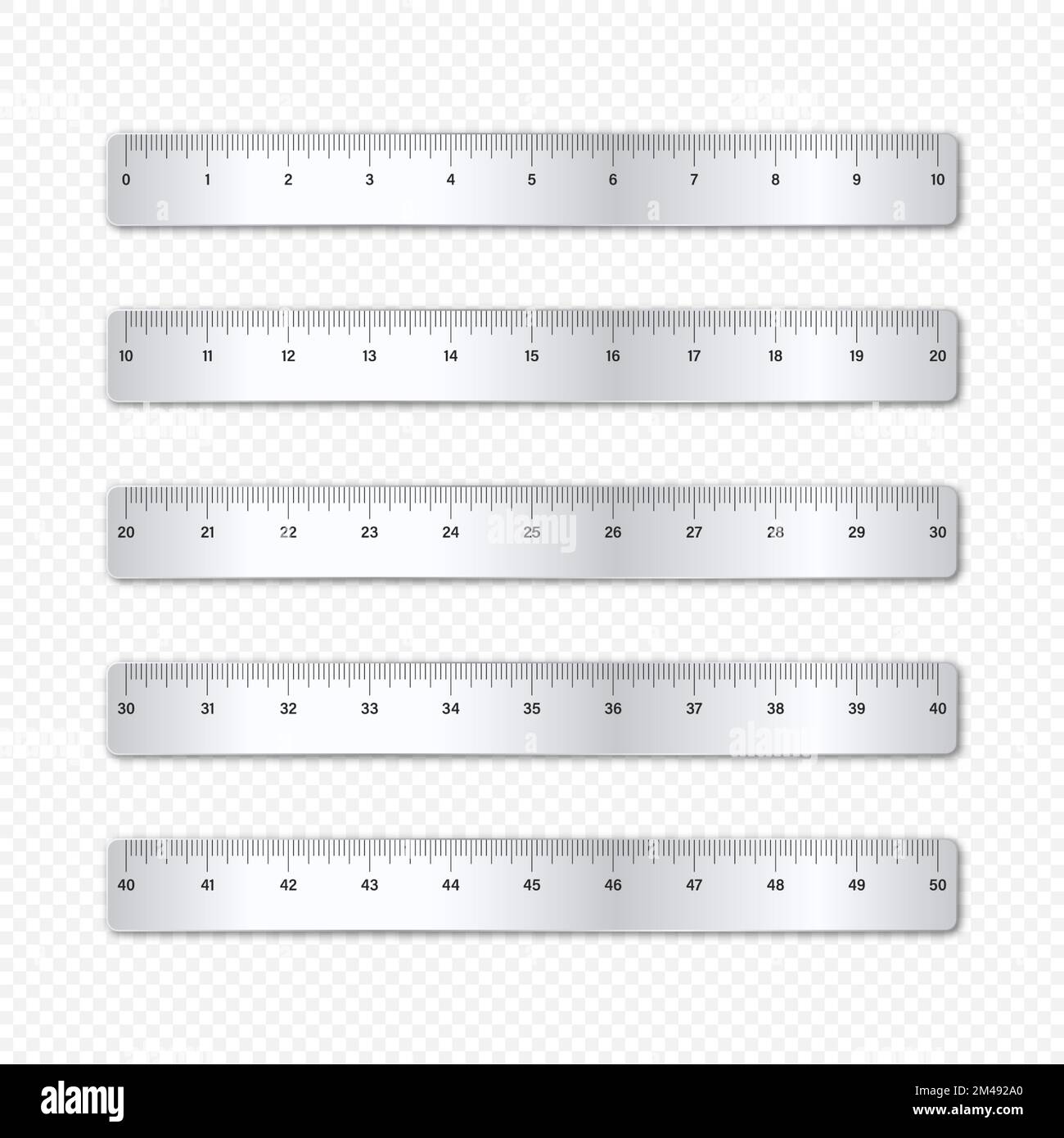 Realistic various shiny metal rulers with measurement scale and ...