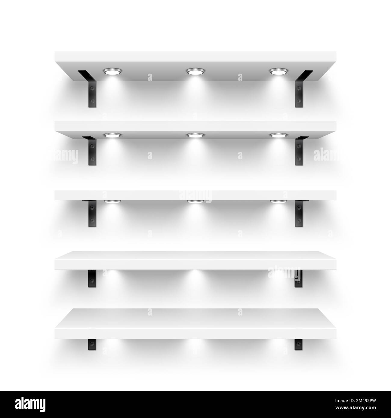 Realistic white store shelves with wall mount and lighting, spotlights ...