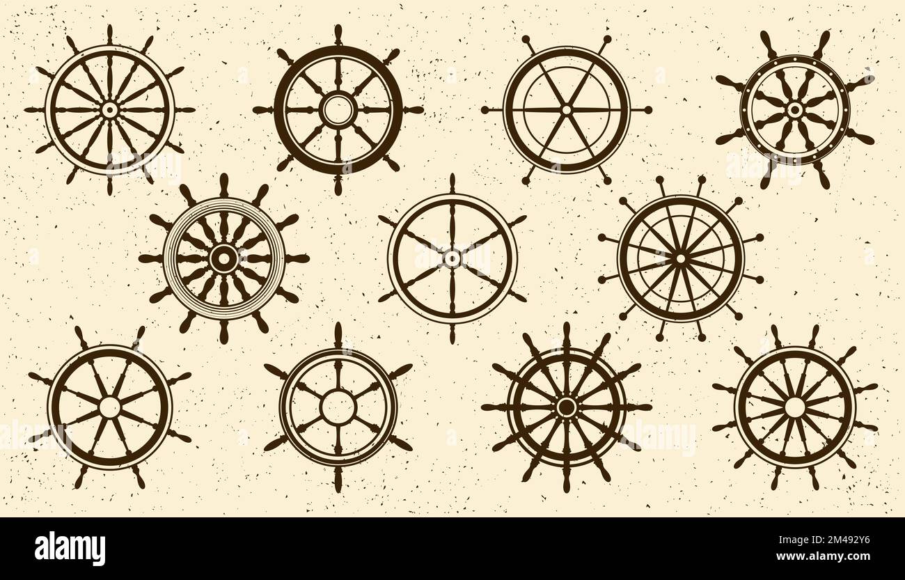 Collection of grunge vintage steering wheels. Ship, yacht retro wheel ...