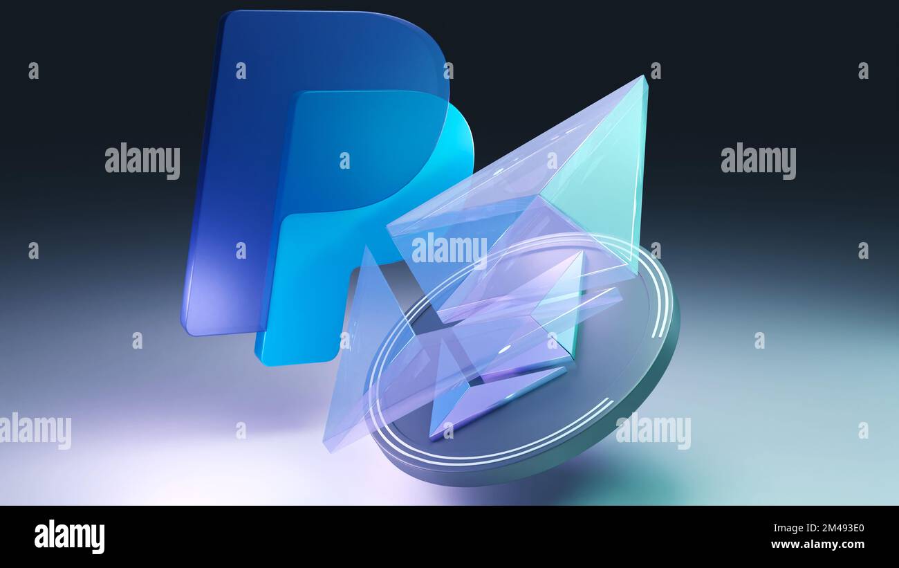 Paypal logo with Ethereum coin and logo on dark background with shiny ...