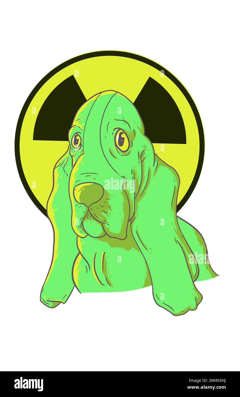 A vertical illustration of a green Basset Hound dog with radioactive ...