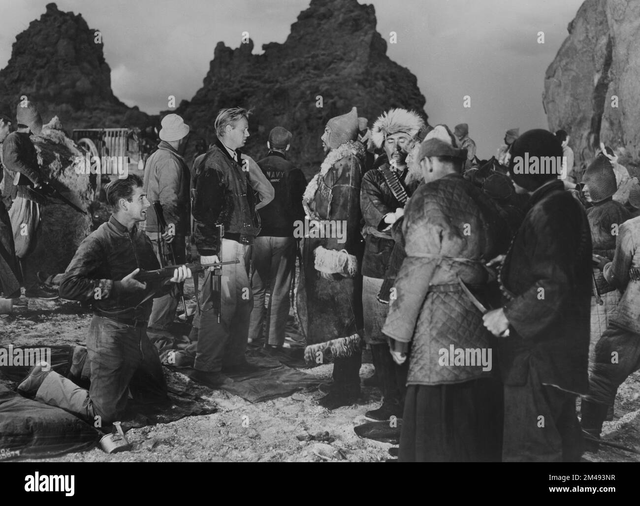 Richard Widmark (center-left), on-set of the Film, "Destination Gobi ...