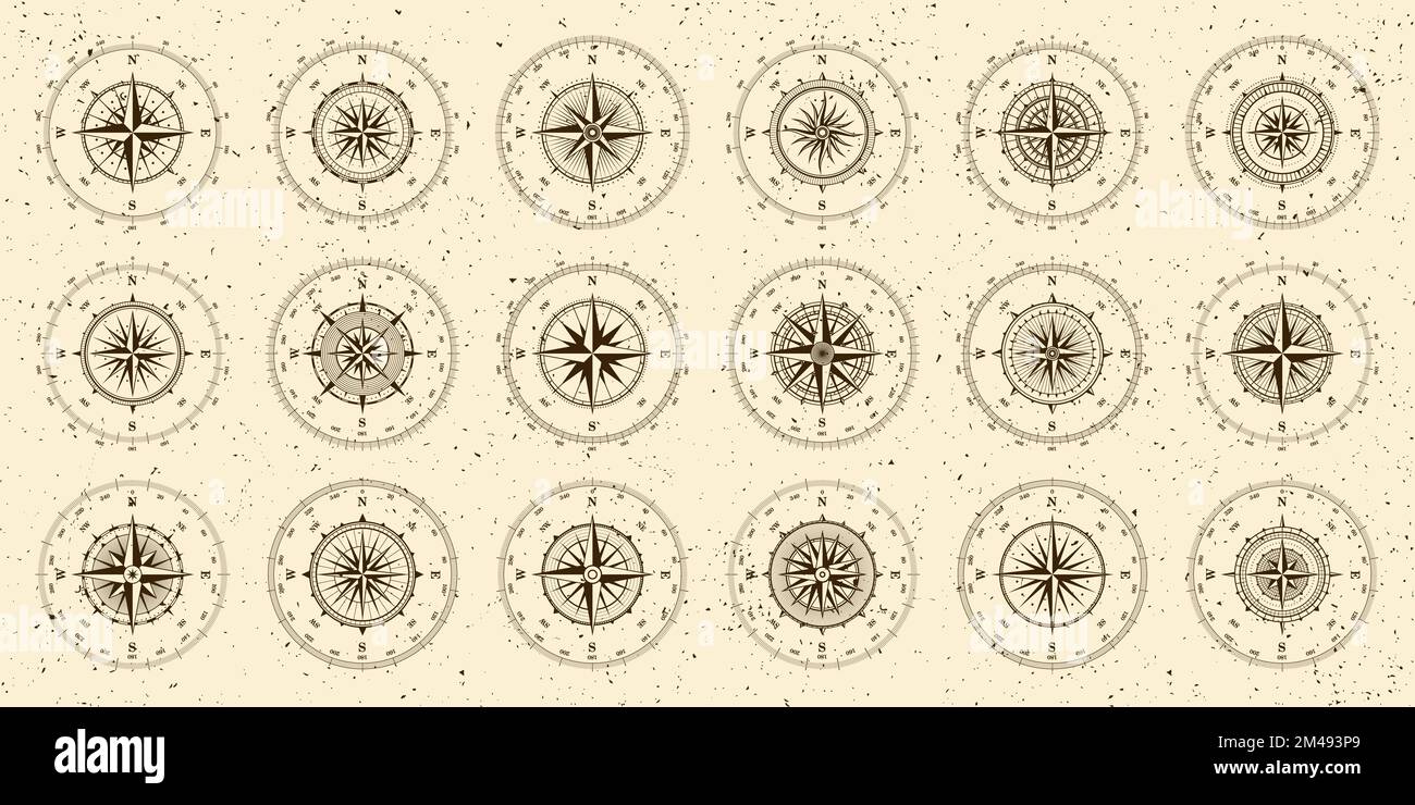 Vintage marine wind rose, nautical chart. Monochrome navigational ...