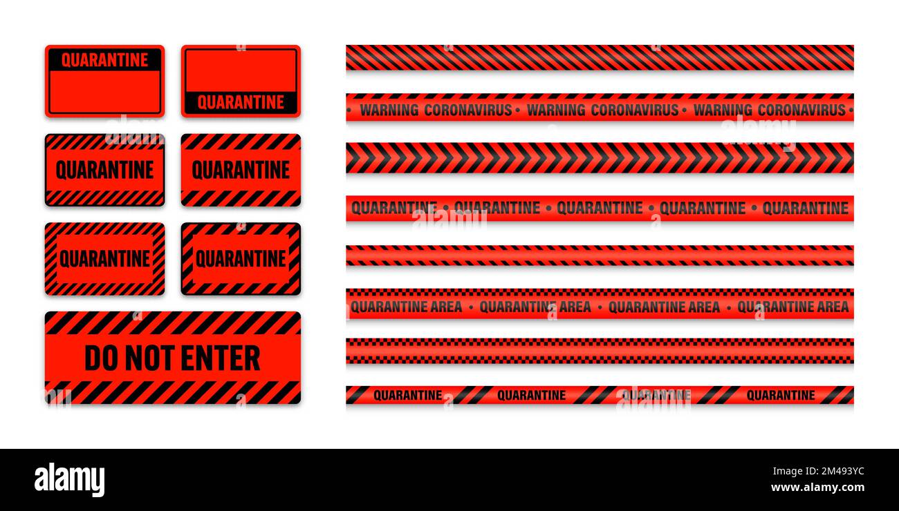 Various quarantine zone warning tapes and shields. Novel coronavirus ...
