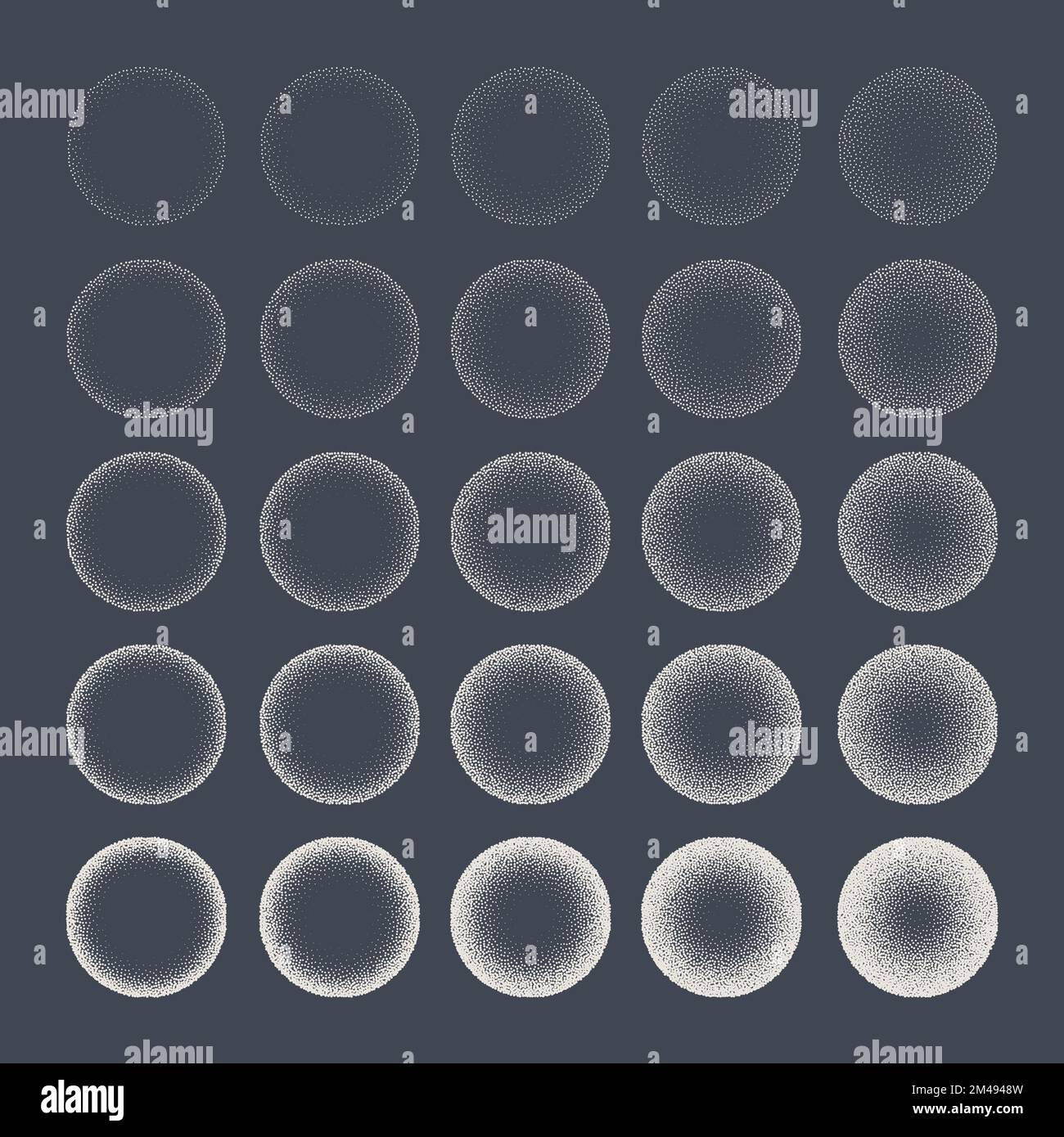 Round shaped dotted objects, stipple elements. Fading gradient ...
