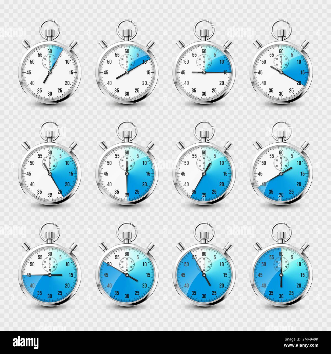 Realistic classic stopwatch icons. Shiny metal chronometer, time ...