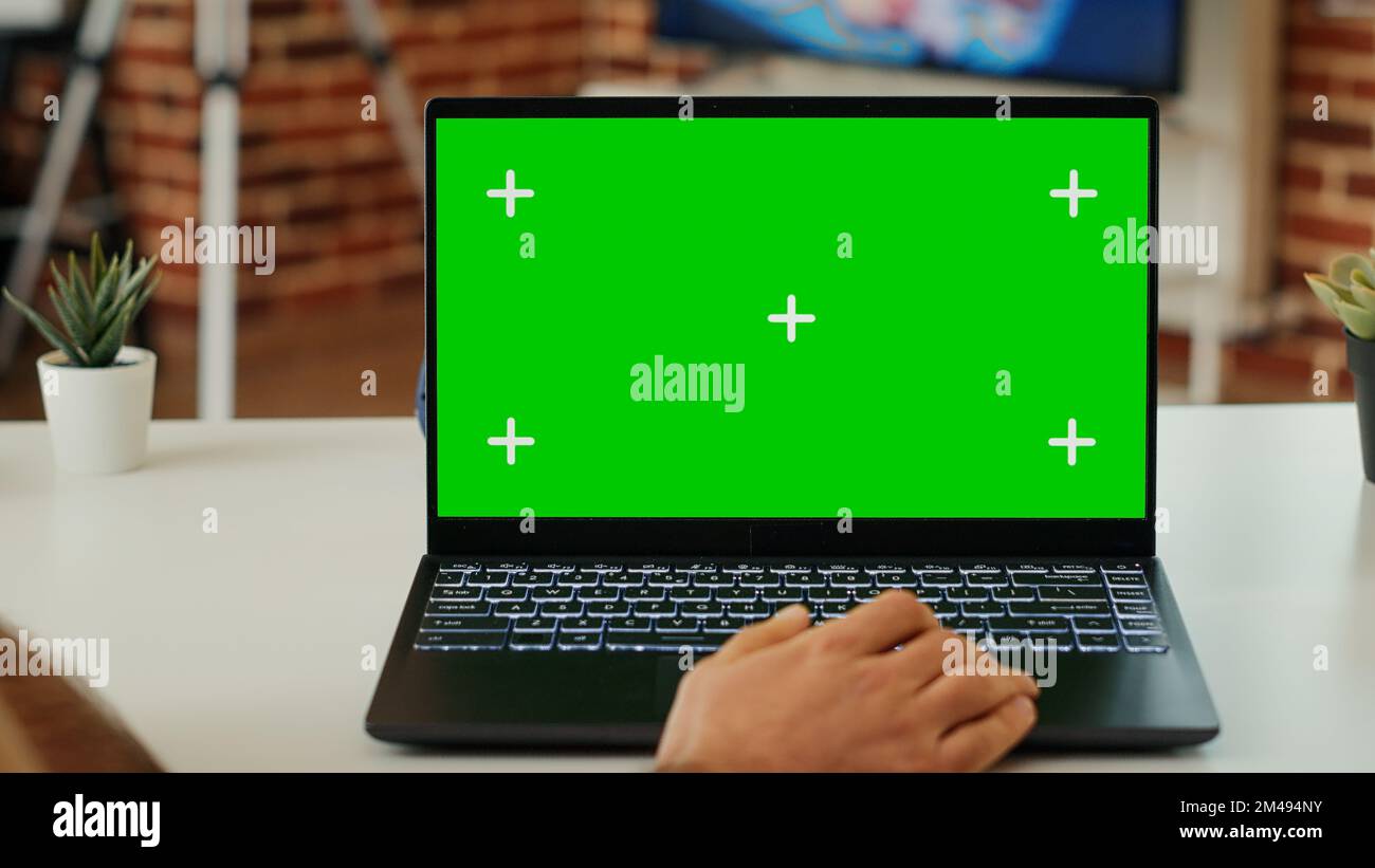 Young adult analyzing greenscreen display on personal computer, looking ...