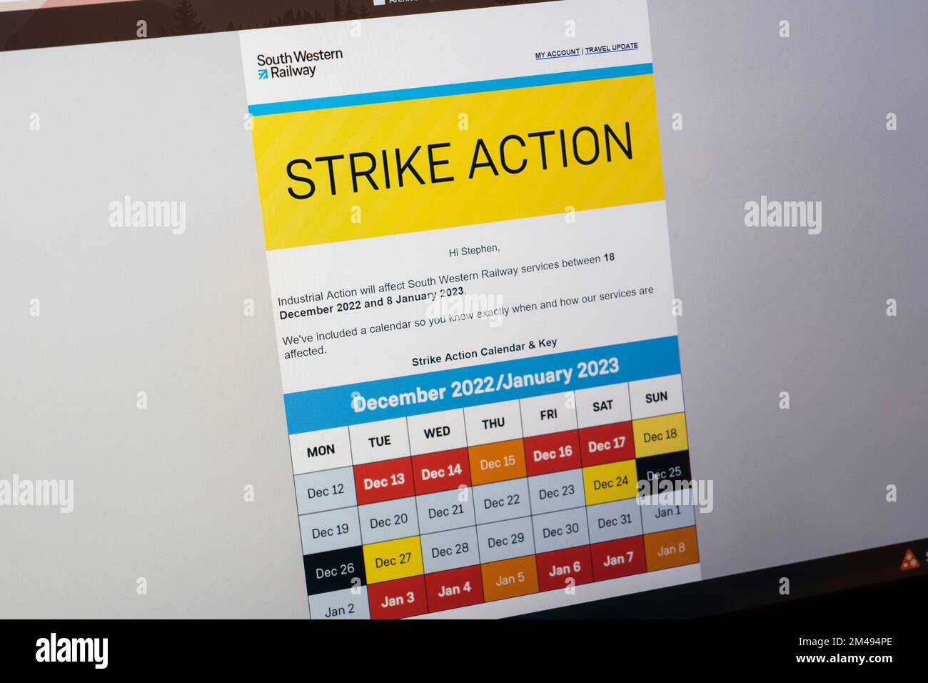 Email from South Western Railway warning of industrial strike action ...