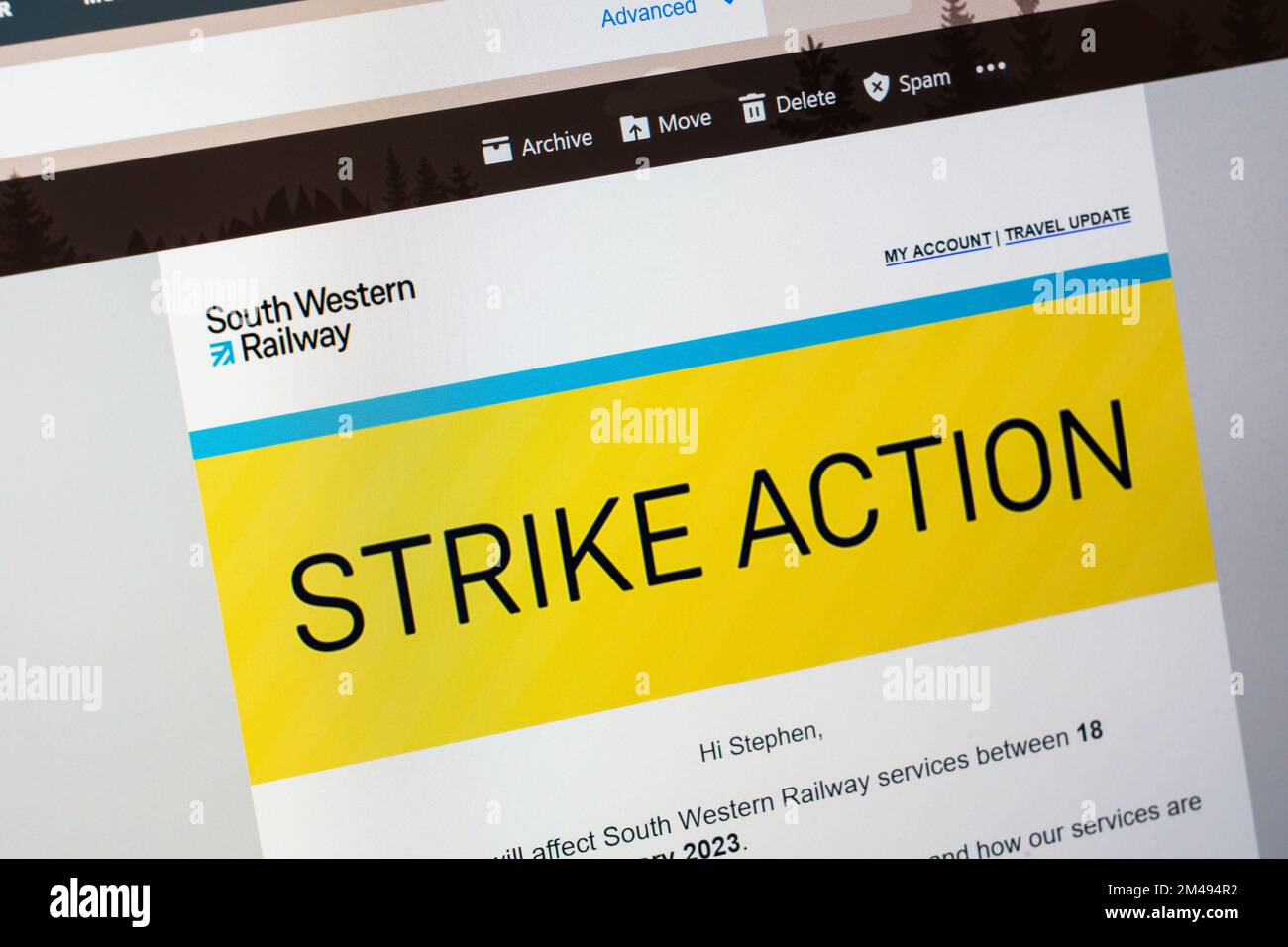 Email from South Western Railway warning of industrial strike action ...