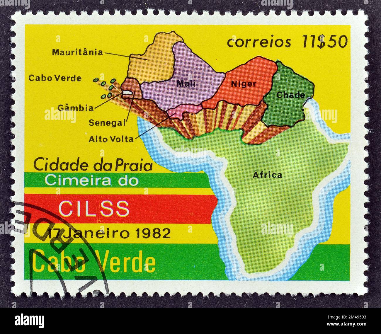 Cancelled postage stamp printed by Cabo Verde, that shows Map of Africa ...