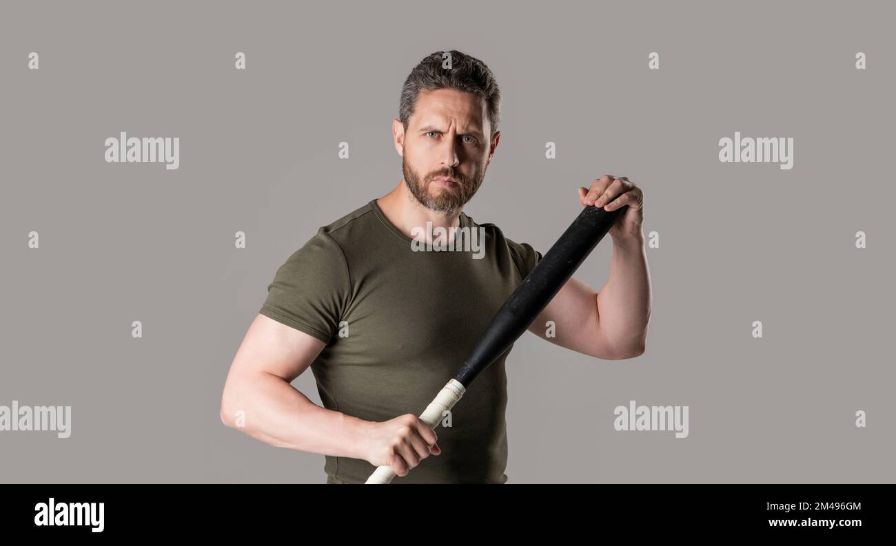 photo of criminal man with bat for baseball. criminal man threatening ...