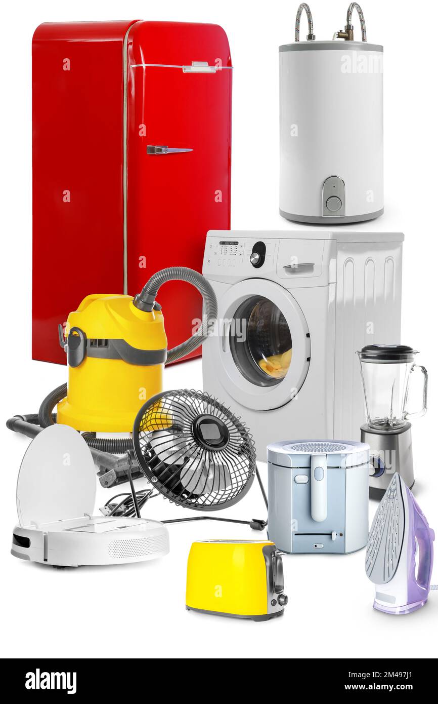 Collage of modern home appliances on white background Stock Photo - Alamy