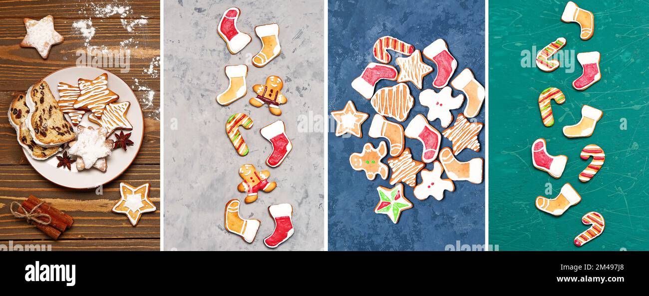 Collage with different Christmas cookies on colorful background Stock ...