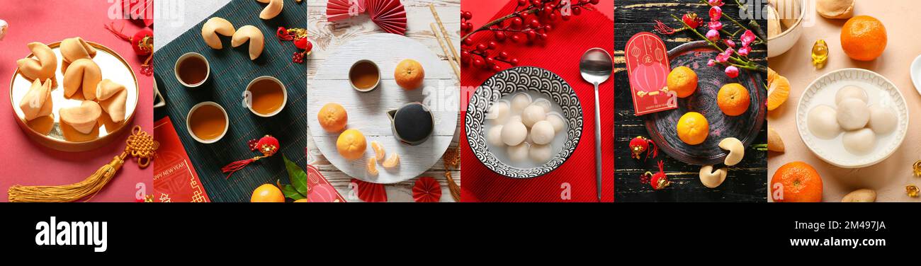 Collection of tasty fortune cookies and Chinese symbols on table Stock ...