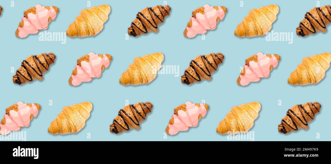Different sweet croissants on color background. Pattern for design ...