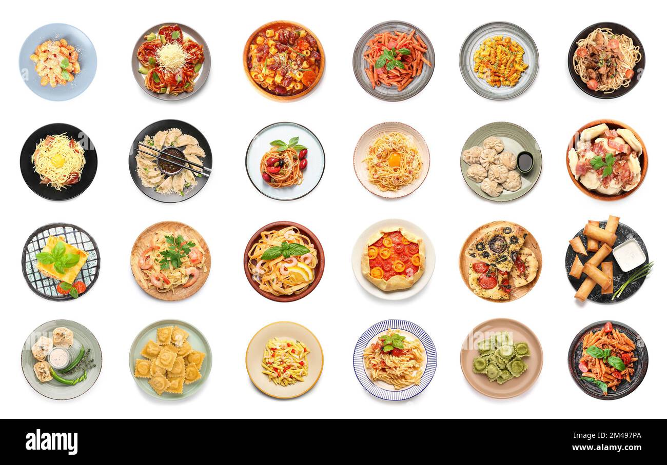 Collage of plates with tasty dishes on white background Stock Photo - Alamy