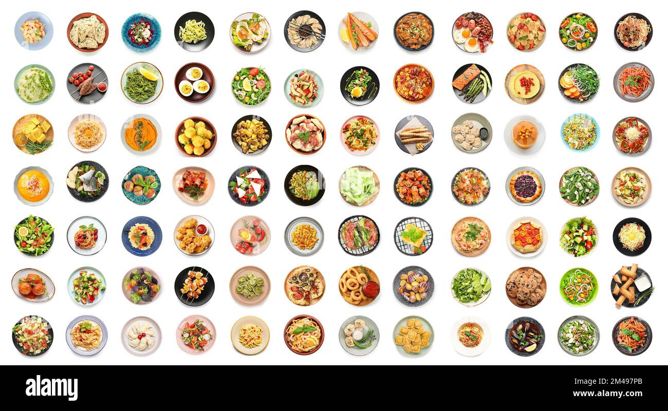 Collection of plates with tasty food on white background Stock Photo ...