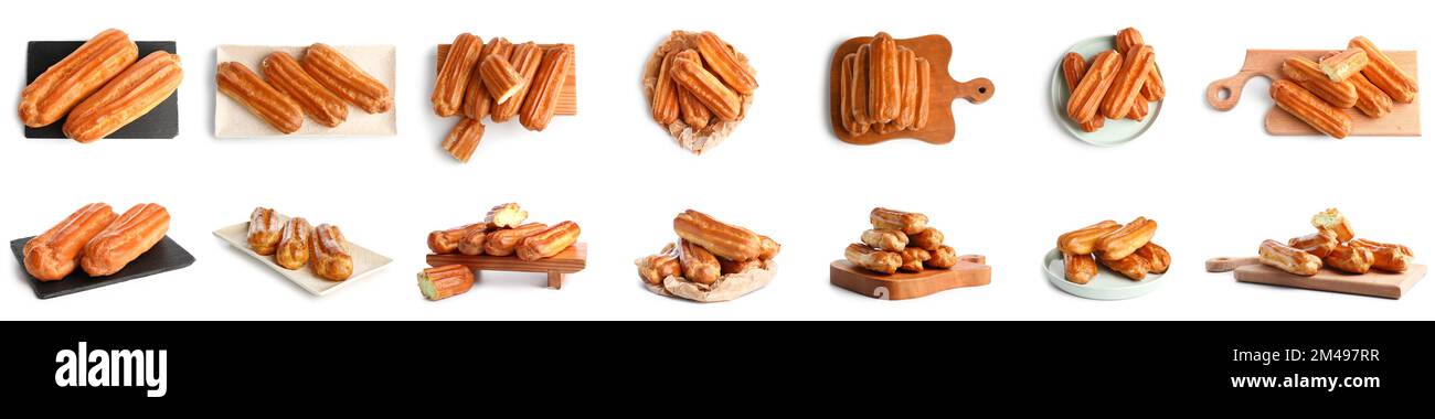 Set of many sweet eclairs isolated on white Stock Photo - Alamy