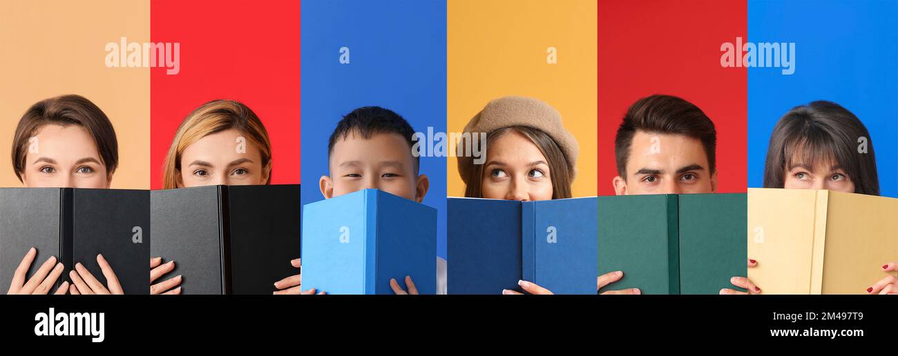Group of different people reading books on color background Stock Photo ...
