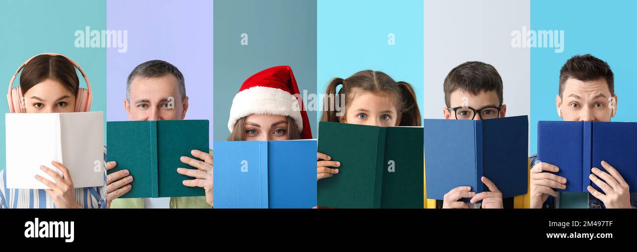 Collage of different people reading books on color background Stock ...
