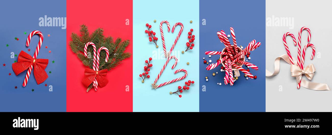 Collage of sweet candy canes and Christmas decorations on color ...