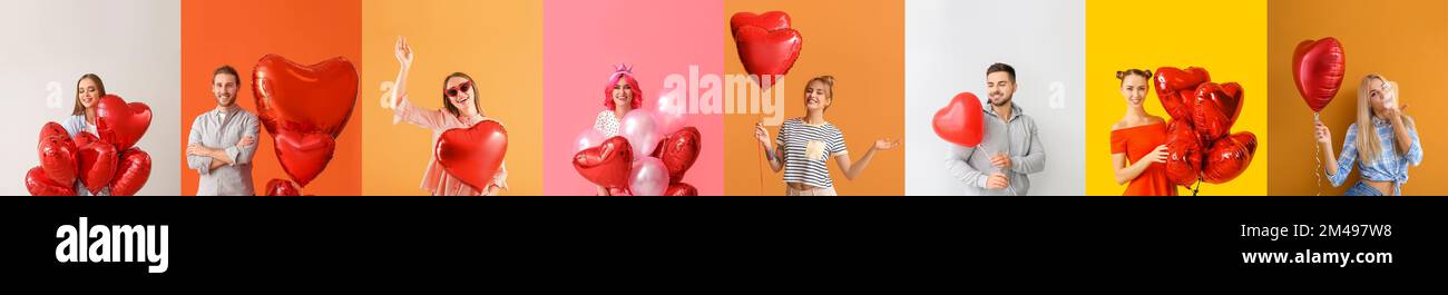 Set of many people with heart-shaped balloons on color background ...