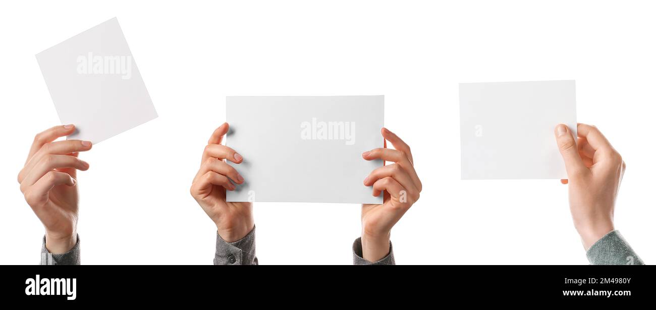 Collection of female hands holding blank paper sheets on white ...
