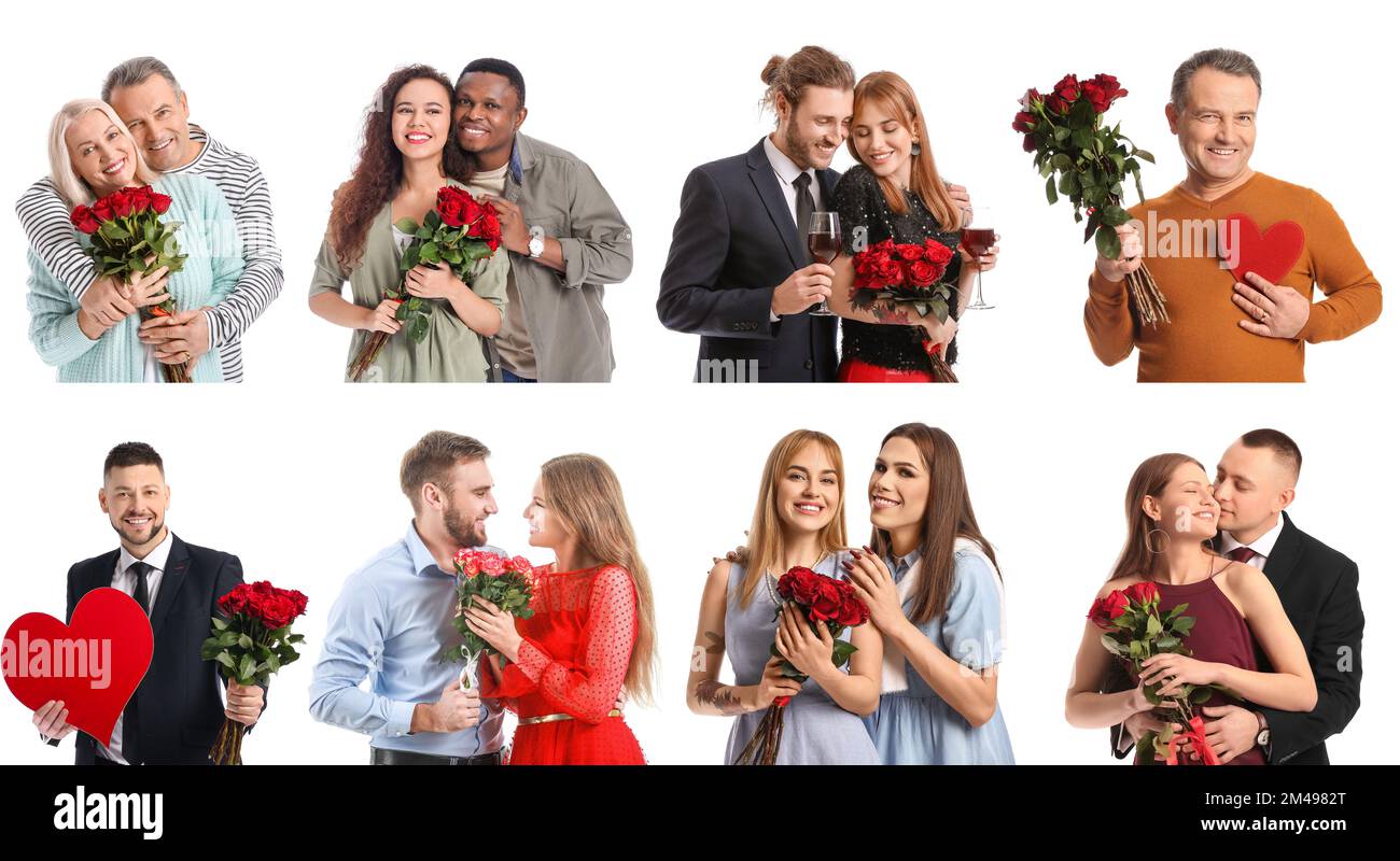 Set of happy people with flowers on white background. Valentine's Day ...