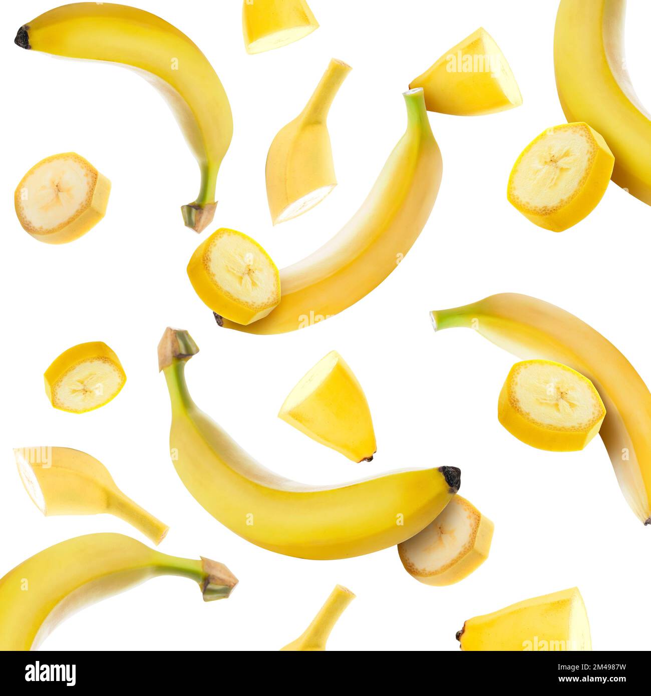 Flying fresh ripe bananas on white background Stock Photo - Alamy