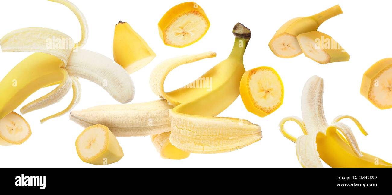 Flying fresh ripe bananas on white background Stock Photo - Alamy