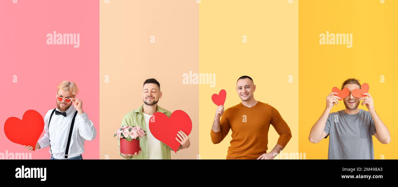 Set of men with paper hearts on color background. Valentine's Day ...