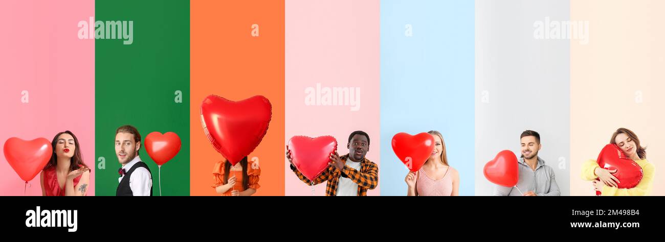 Set of people with heart-shaped balloons on color background. Valentine ...