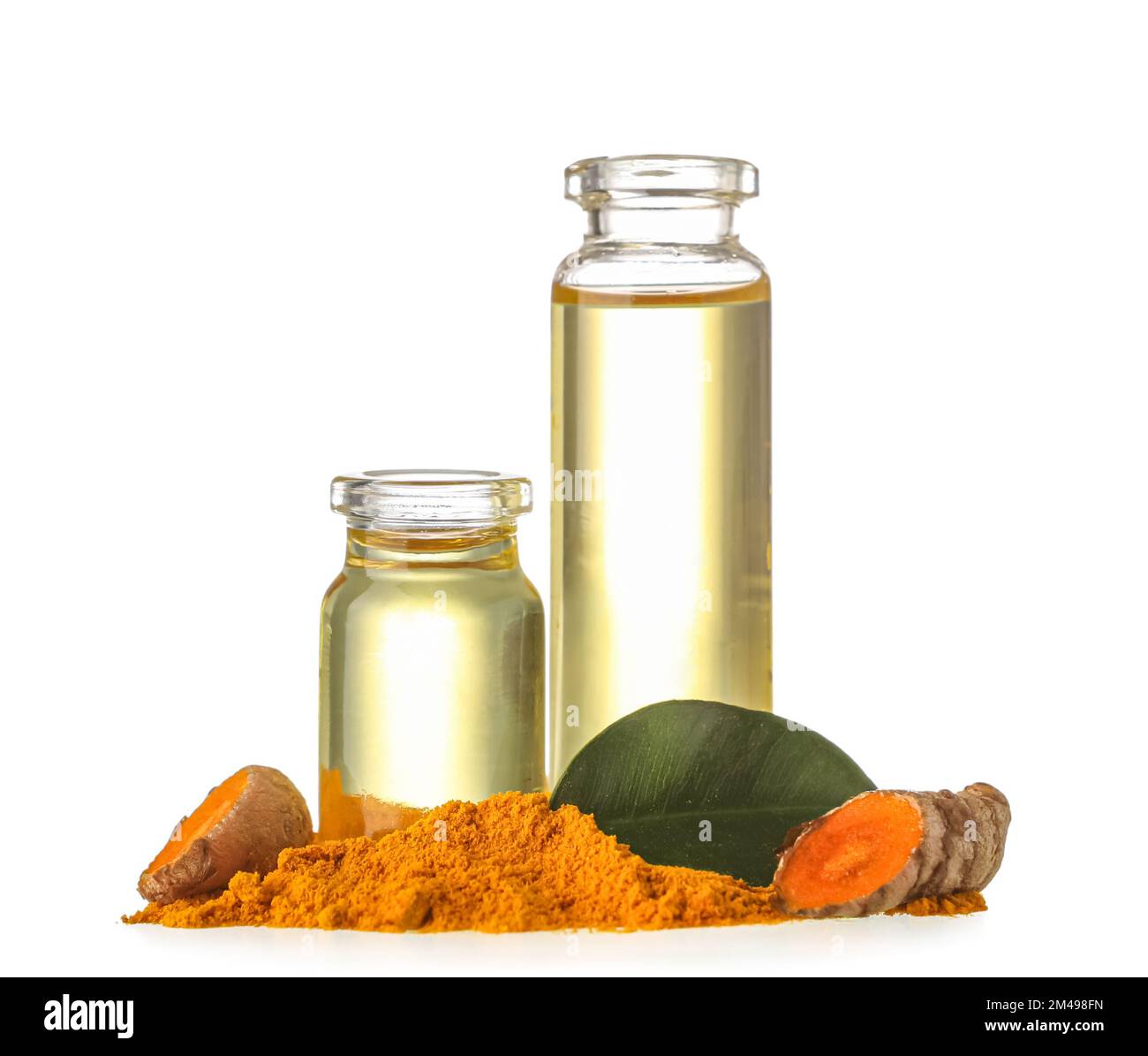 Bottles of essential turmeric oil and powder isolated on white ...