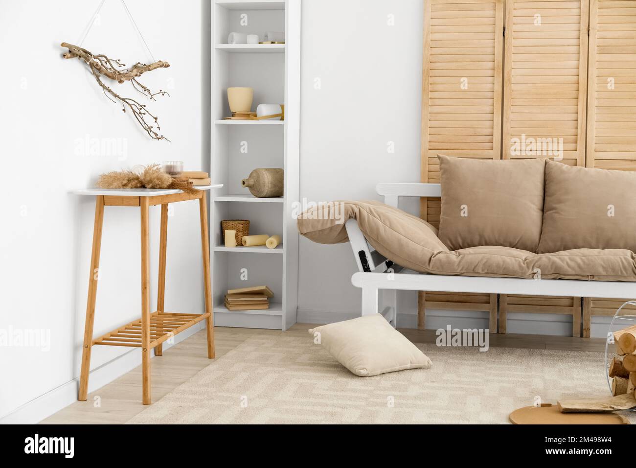 Interior of messy living room with couch and shelving unit Stock Photo ...