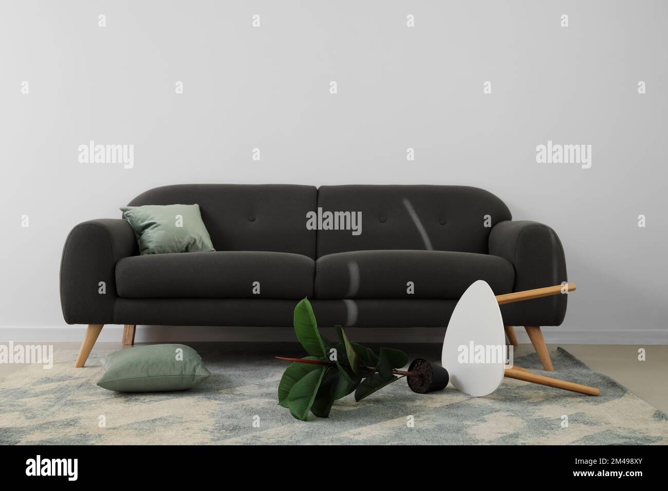 Interior of living room with sofa, overturned table and houseplant near ...