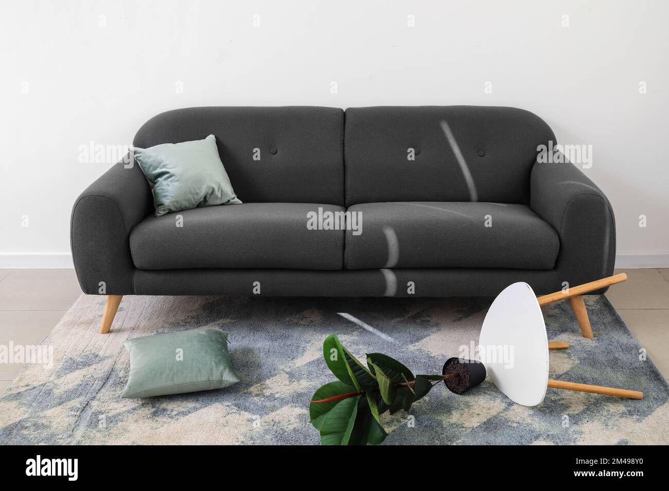 Interior of living room with sofa, overturned table and houseplant near ...