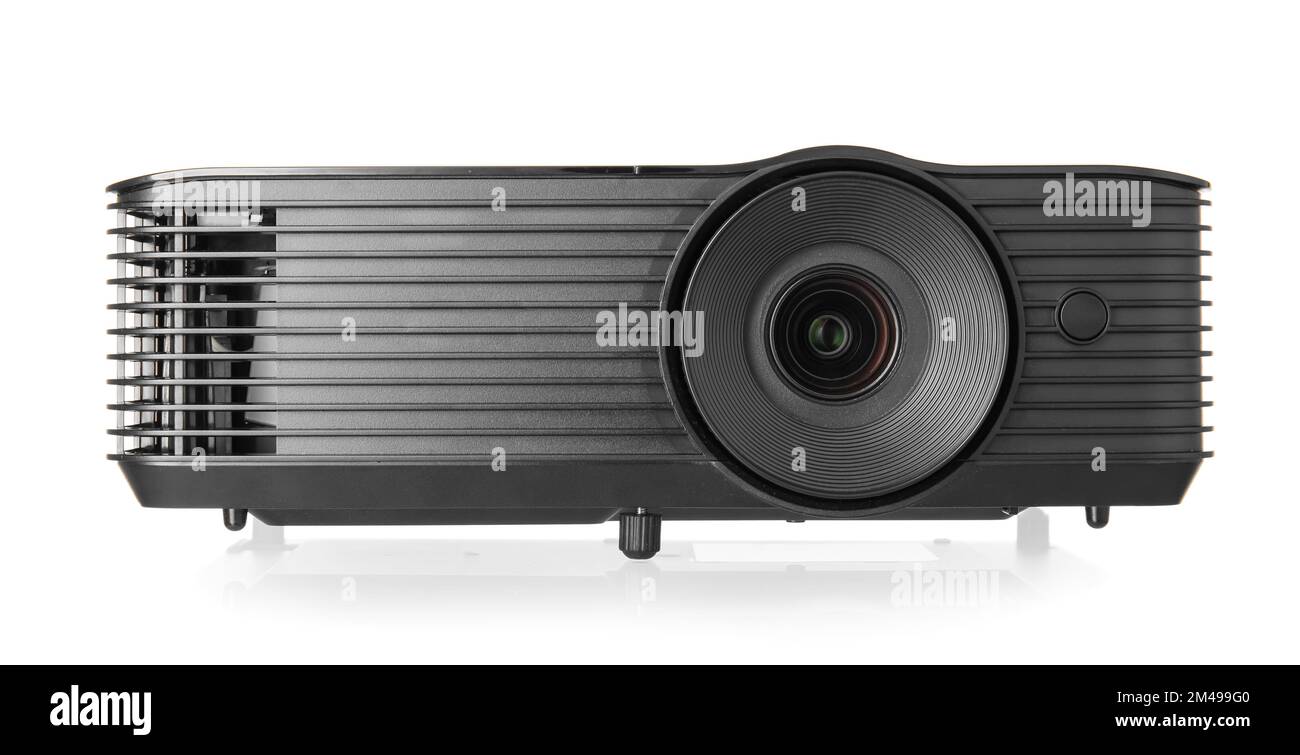 Black video projector on white background Stock Photo - Alamy