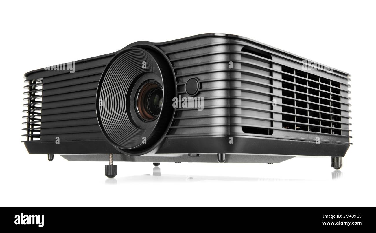Black video projector on white background Stock Photo - Alamy