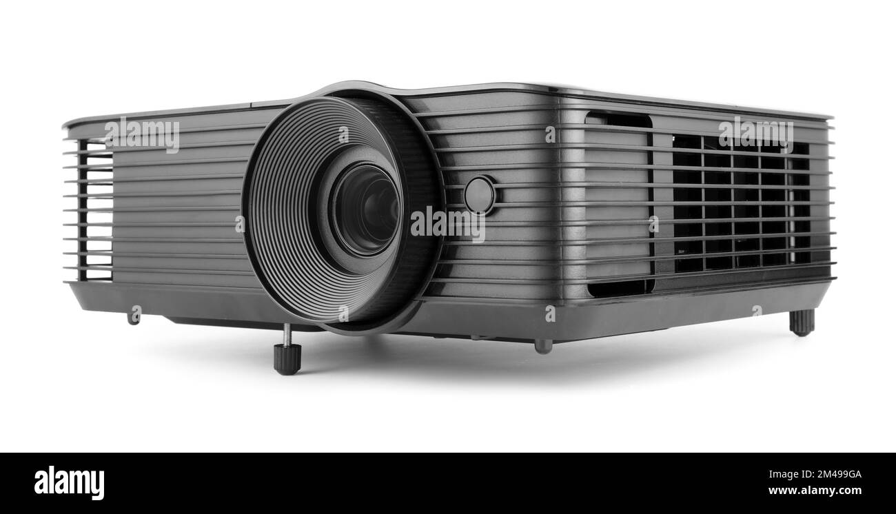 Black video projector on white background Stock Photo - Alamy