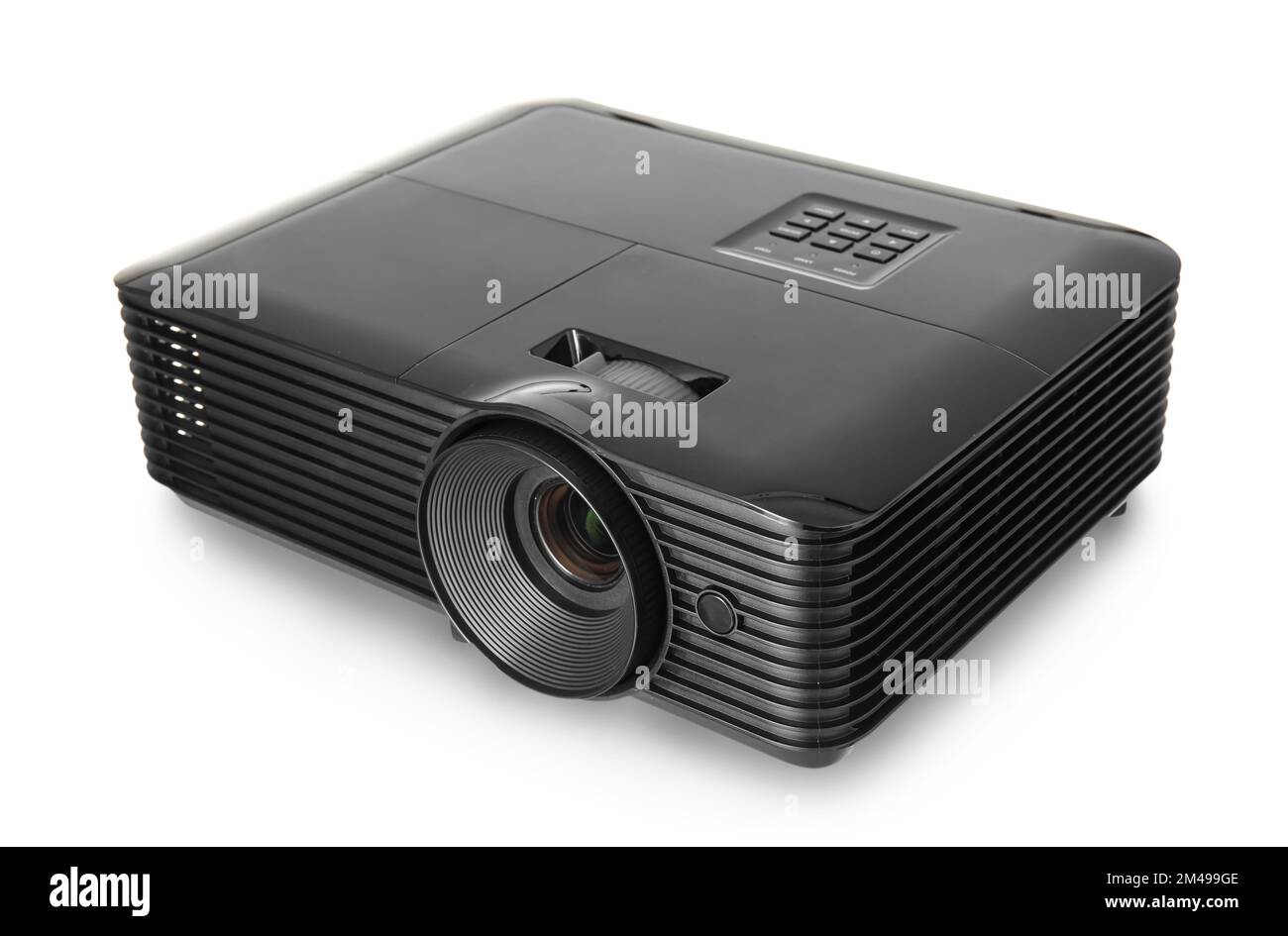 Black video projector on white background Stock Photo - Alamy