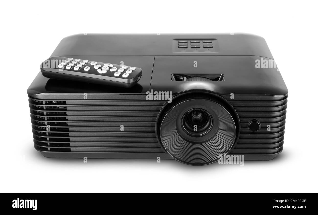 Black video projector with remote control on white background Stock ...