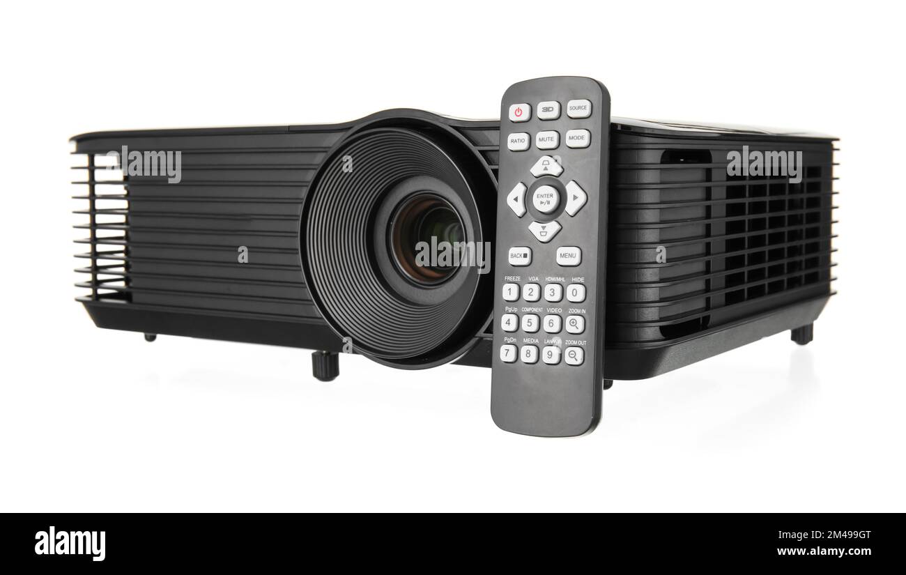Black video projector with remote control on white background Stock ...
