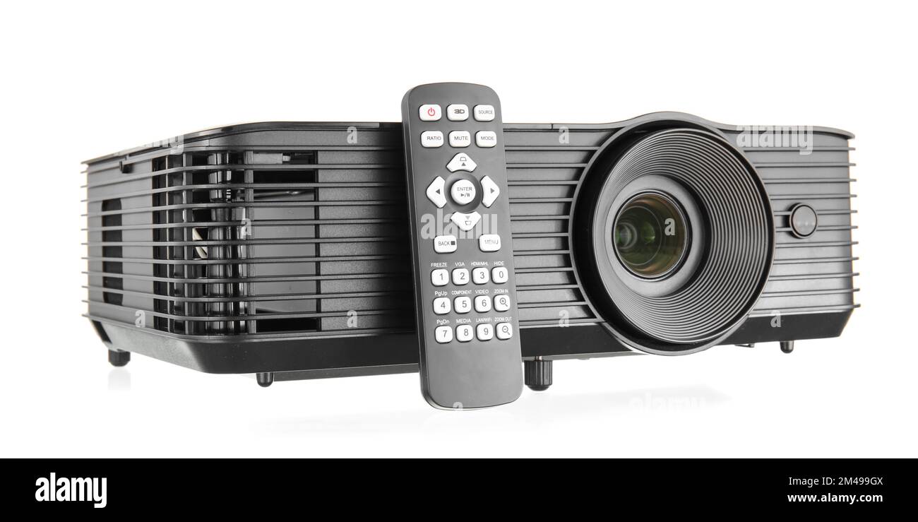Black video projector with remote control on white background Stock ...
