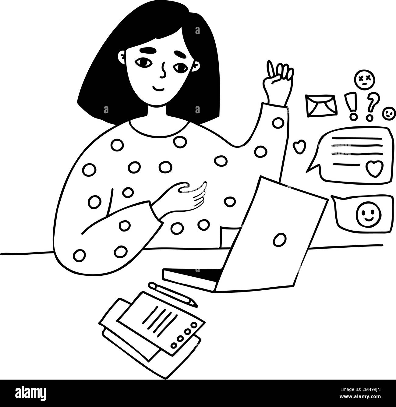 modern girl with laptop works, conducts correspondence and online ...