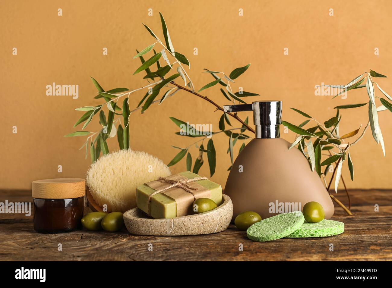 Natural cosmetics with green olives, sponges, massage brush and ...