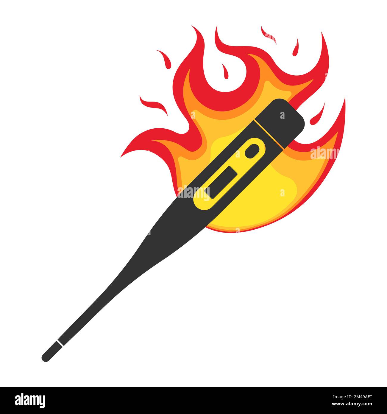 Digital stick thermometer in fire flame icon. Burning electronic ...