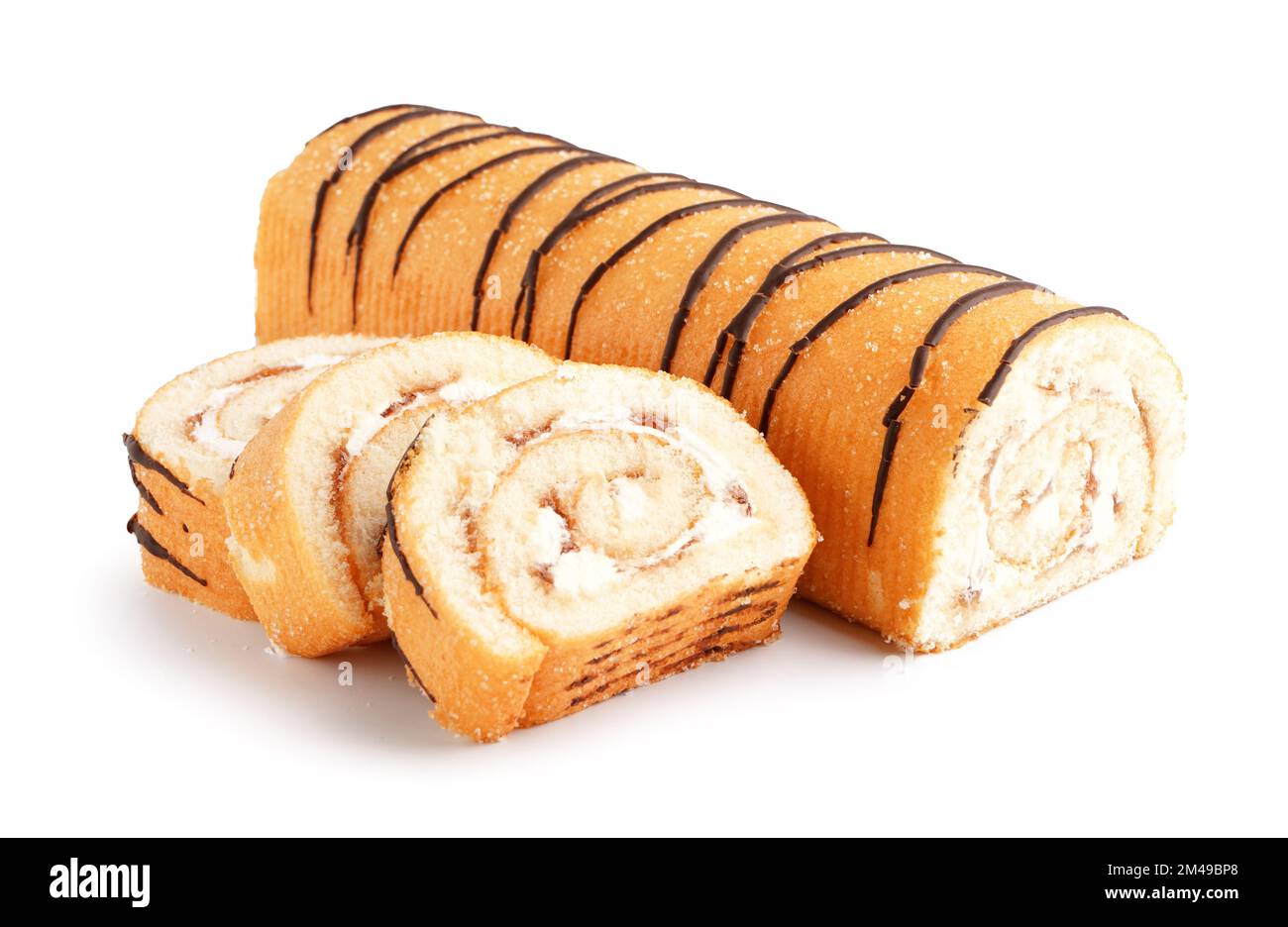 Cut sponge cake roll on white background Stock Photo - Alamy