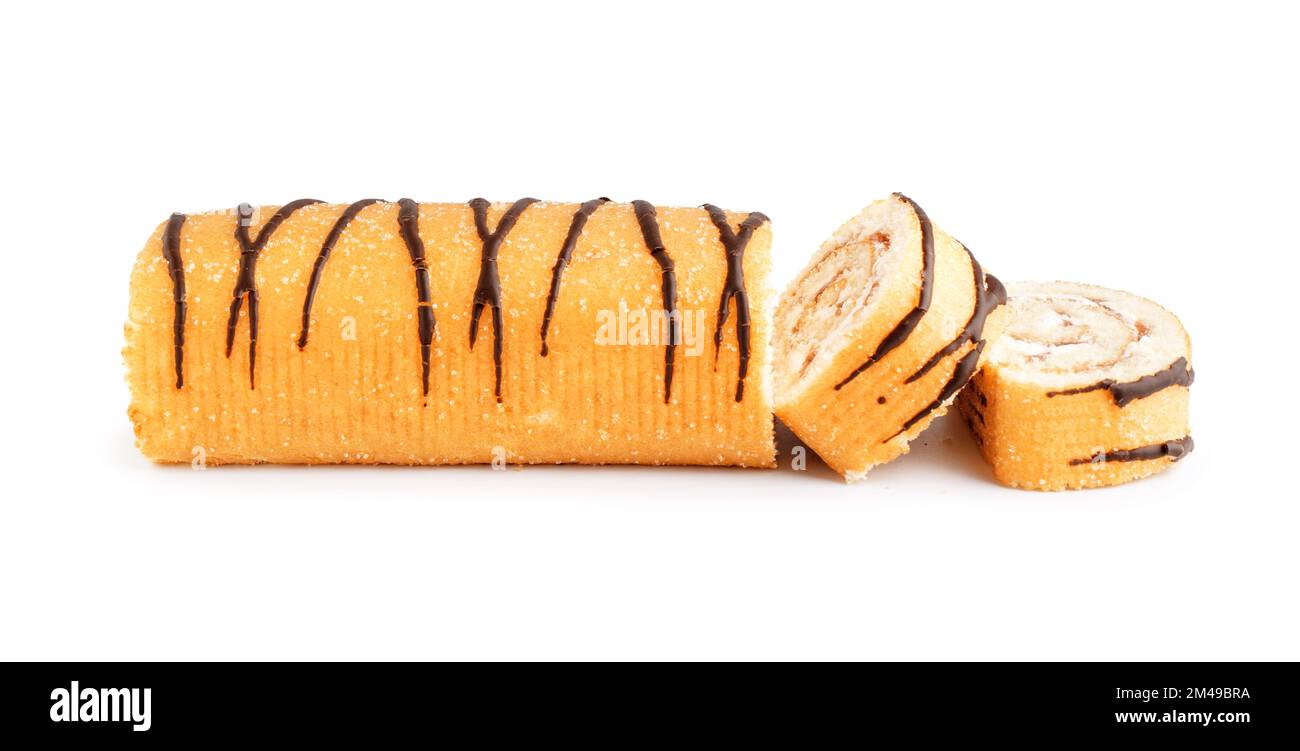Cut sponge cake roll on white background Stock Photo - Alamy