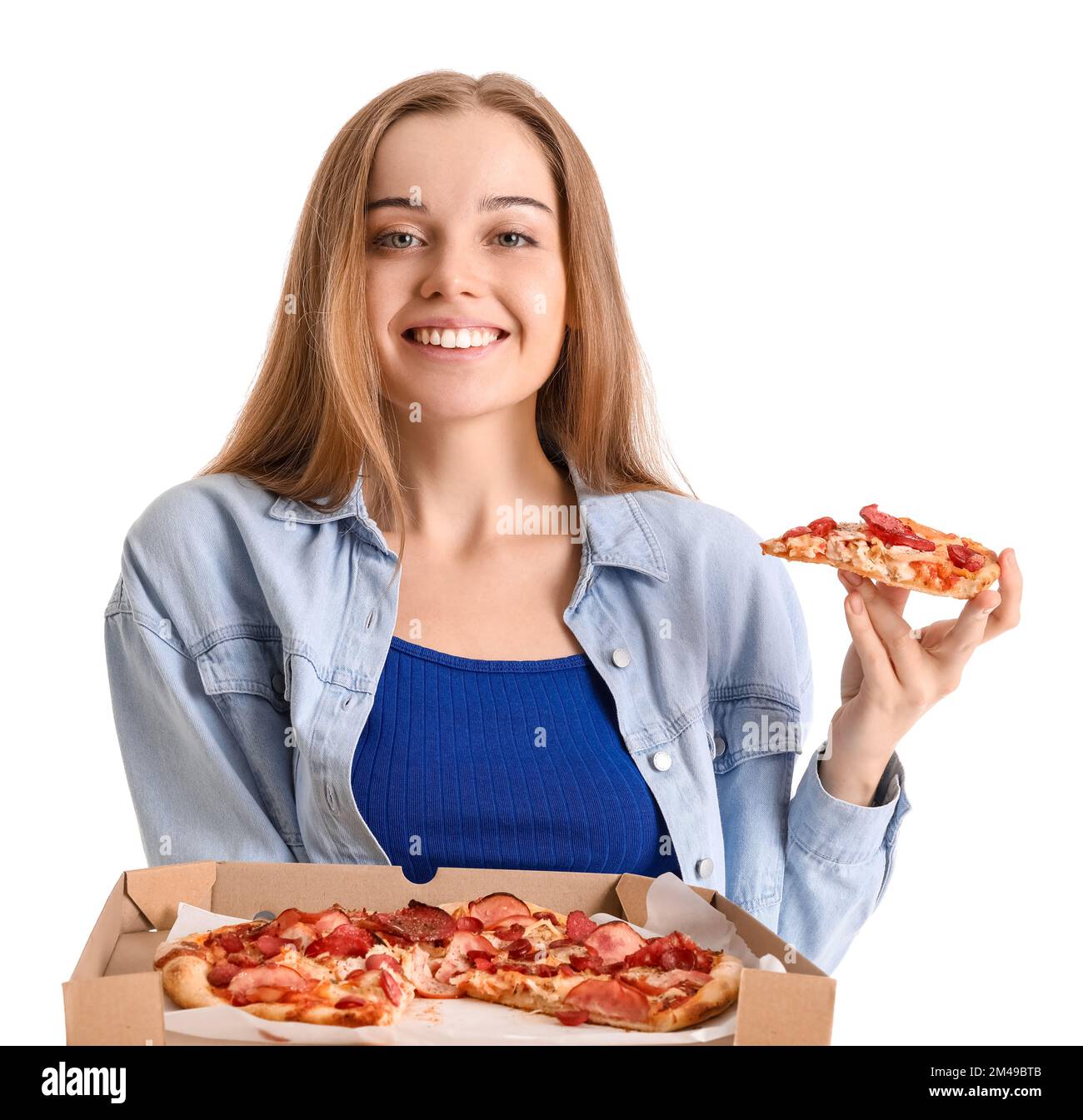 Beautiful young woman eating fresh pizza on white background Stock ...